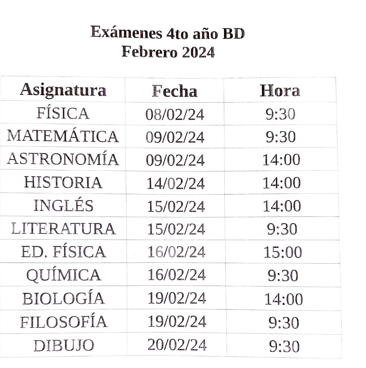 CALENDARIO EXAMENES FEBRERO 2024 MATUTINO y VESPERTINO :: Liceo N°1 de Atlántida